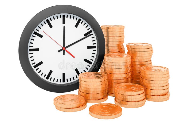 Clock with Golden Coins Stack. Time is Money Concept, 3D Rendering ...