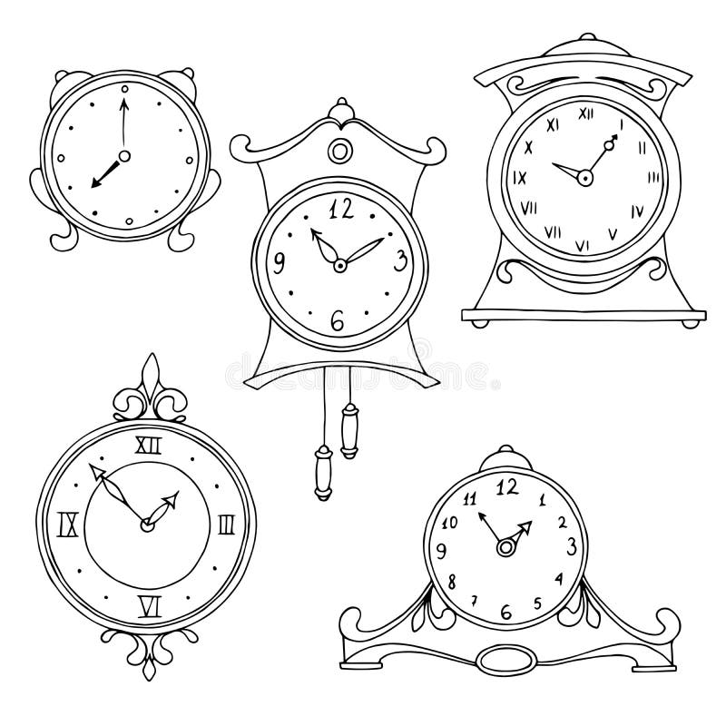 Clock Graphic Set Art Black White Sketch Illustration Stock Vector ...