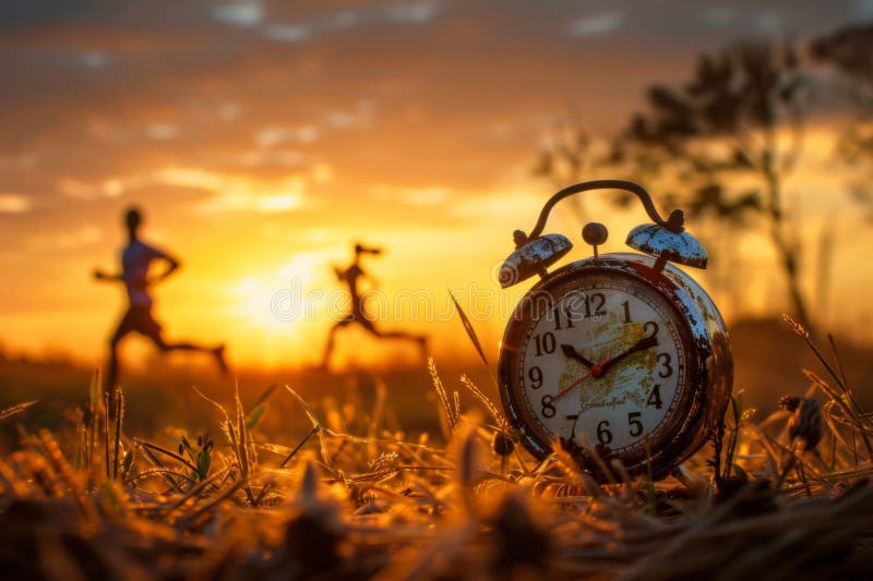 Clock in Grass with People at Sunset. Sky, Cloud, People, Sunlight ...