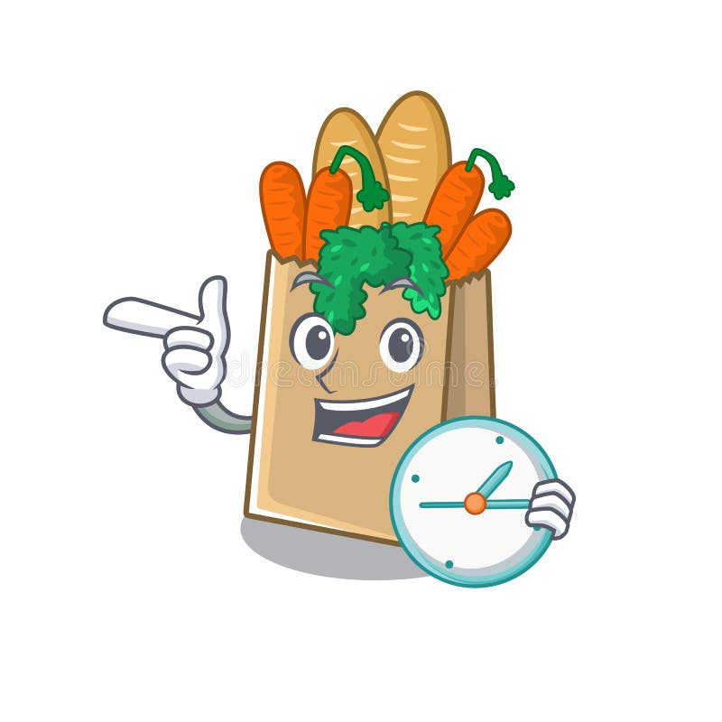 With Clock Grocery Bag in Above Cartoon Table Stock Vector ...