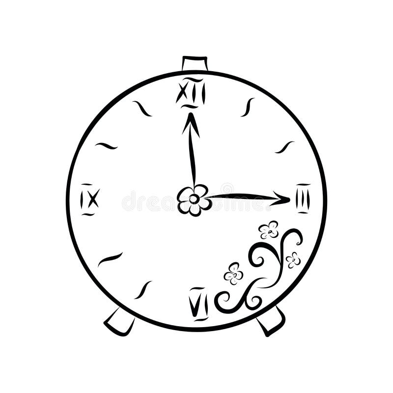 Clock Hand Drawn Vector Icon with Flower Decorate Stock Illustration ...