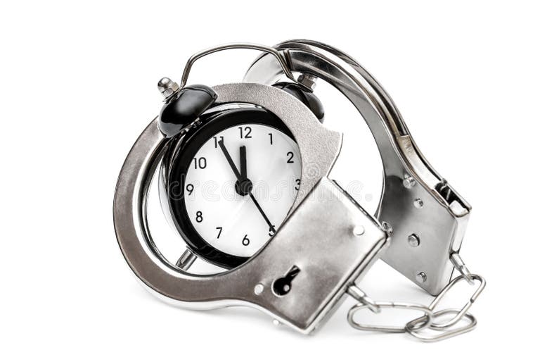 Clock with Handcuffs on White Stock Photo - Image of crime, security ...