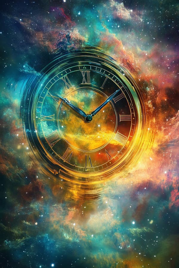 A Clock with Hands Made of Stars Spinning in a Colorful Nebula. Stock ...