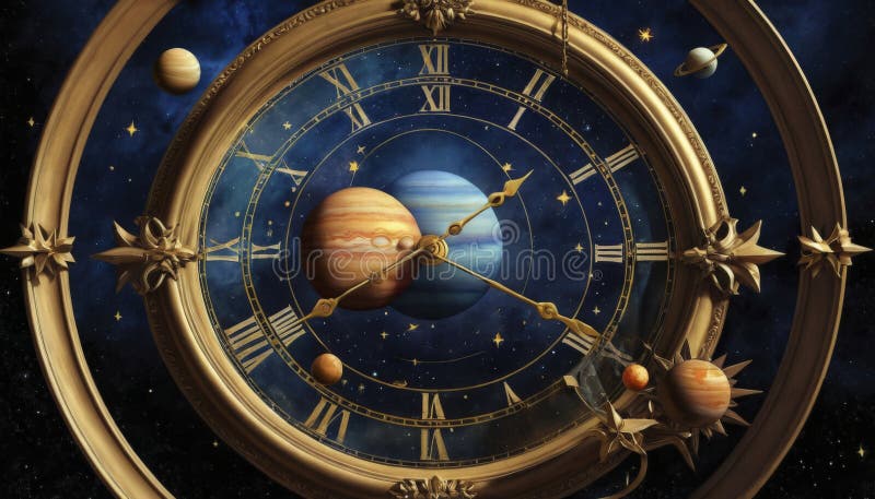 Clock Hands Surrounded by Planets and Stars, Forming a Cosmic Timepiece ...