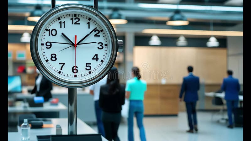 Clock Hanging from the Ceiling in a Busy Office with People Walking ...