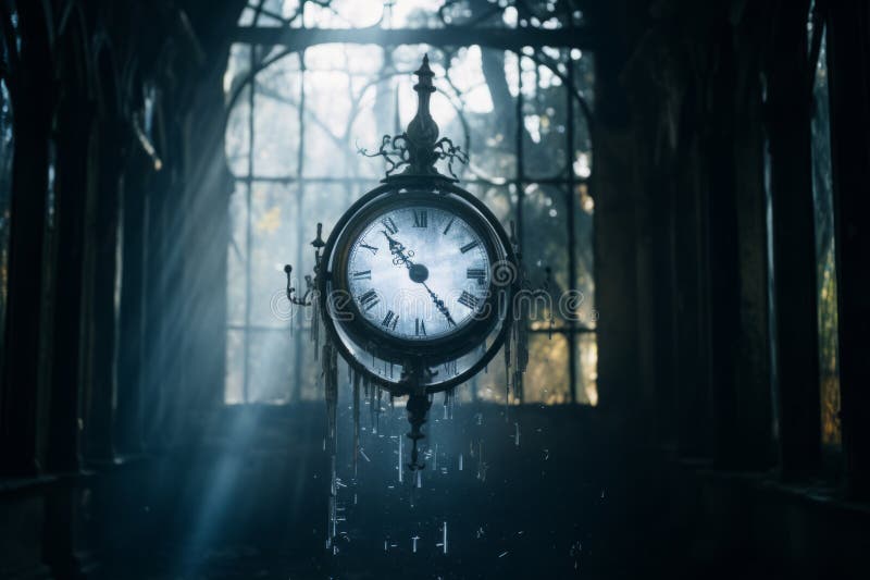 A Clock Hanging from the Ceiling in a Dark Room Stock Illustration ...