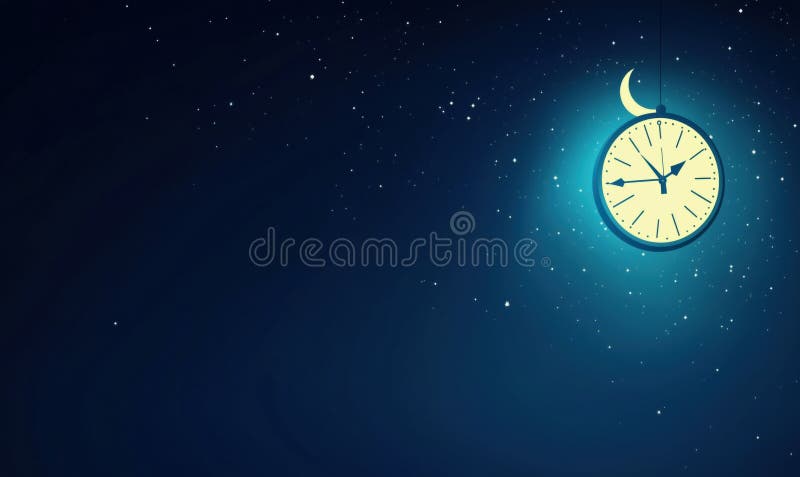 Clock Hanging in Starry Night Sky with Crescent Moon, Symbolizing Time ...