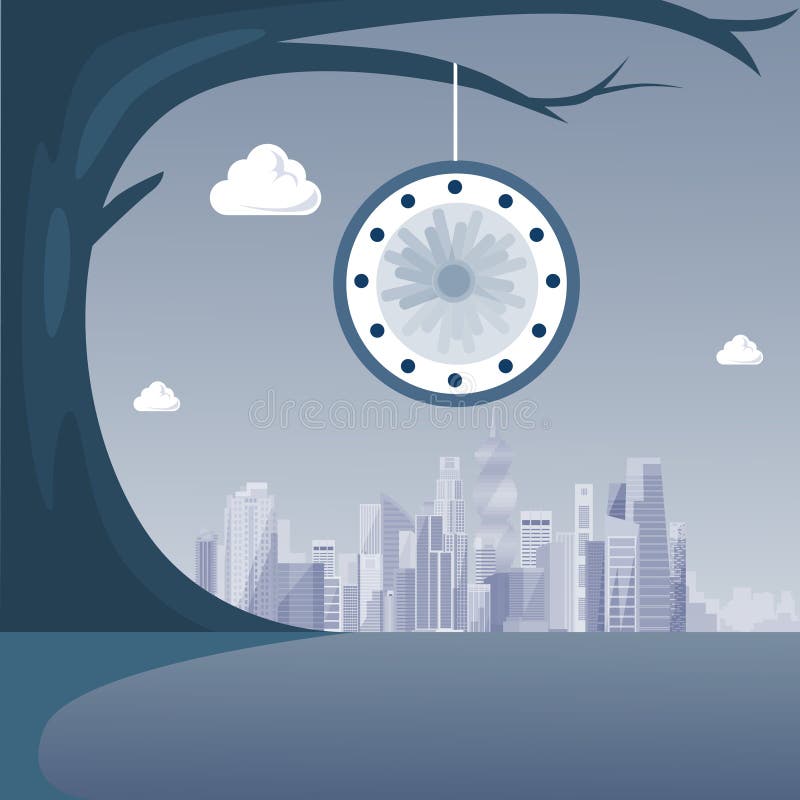 Clock Hanging on Tree Over Modern City View Time Concept Stock Vector ...