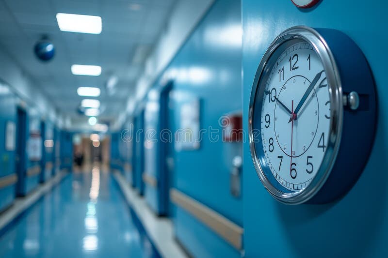 A Clock Hanging on a Wall in a Hospital Hallway Stock Photo - Image of ...
