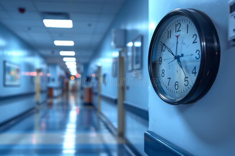 A Clock Hanging on a Wall in a Hospital Hallway Stock Photo - Image of ...