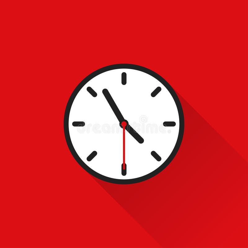 Clock Icon in Flat Style on Red Background with Shadow. Isolated Vector ...