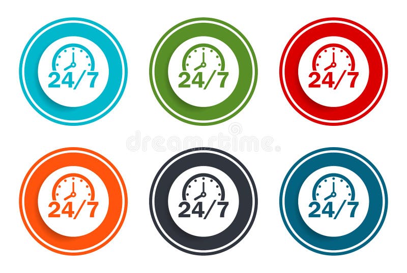 24/7 Clock Icon Flat Vector Illustration Design Round Buttons ...