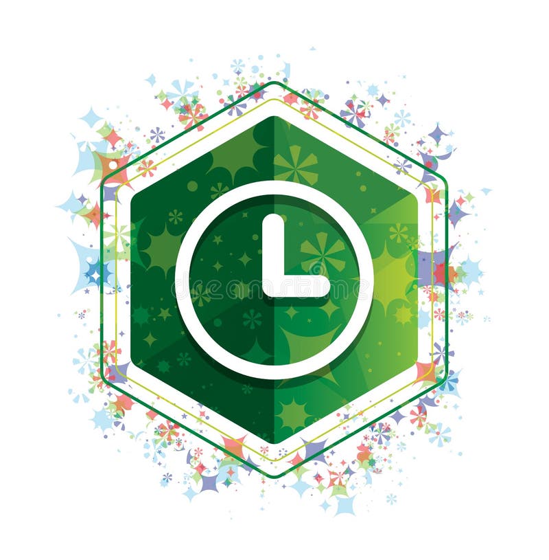 Clock Icon Floral Plants Pattern Green Hexagon Button Stock ...
