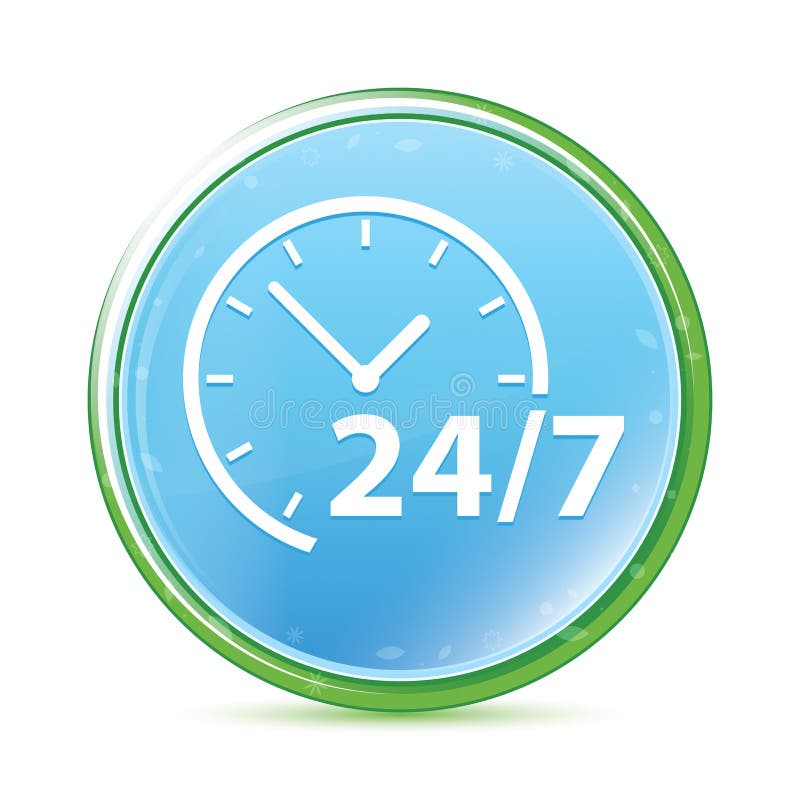 24/7 Clock Icon Natural Aqua Cyan Blue Round Button Stock Illustration ...