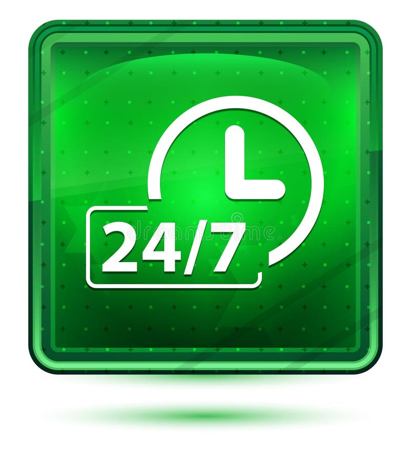 24/7 Clock Icon Neon Light Green Square Button Stock Illustration ...