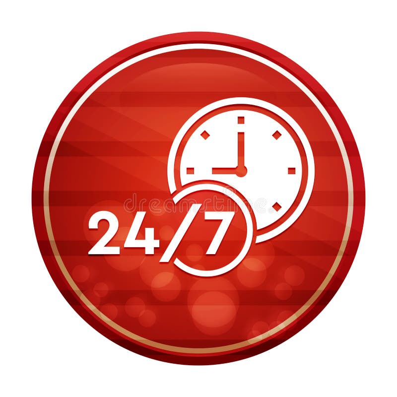 24/7 Clock Icon Realistic Diagonal Motion Red Round Button Illustration ...