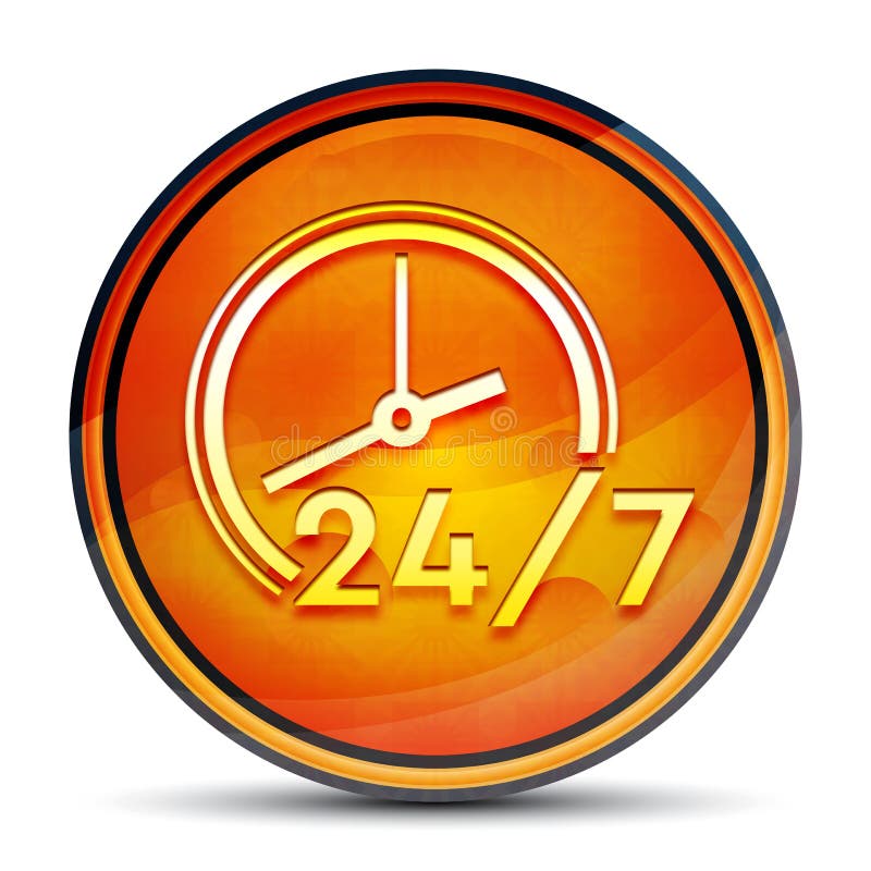 24/7 Clock Icon Shiny Bright Orange Round Button Illustration Stock ...