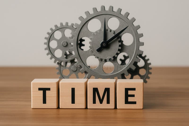 Clock with Interlocking Gears Measuring Time on Wooden Cubes Stock ...