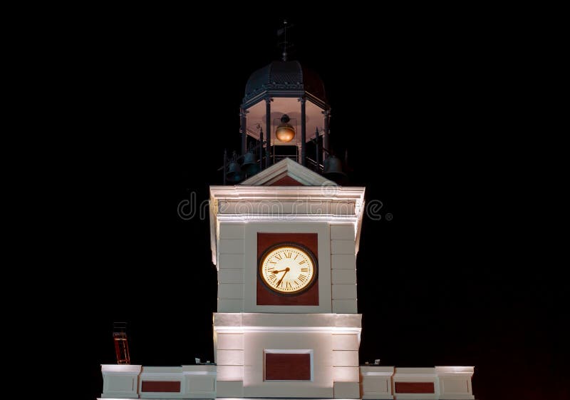 Clock on the Tower of the Main Building in Puerta Del Sol Square. Stock ...