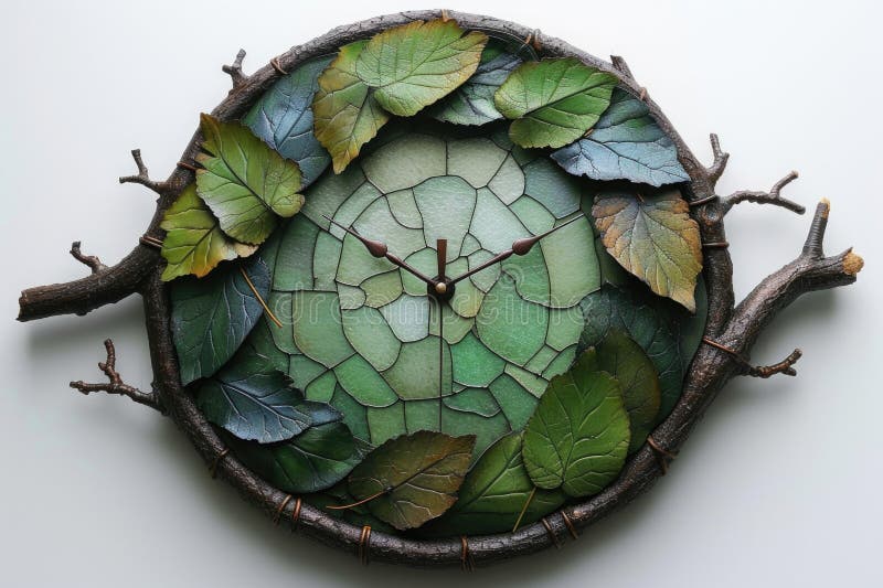 Clock Made of Branches and Leaves on a Leafy Green Background. Stock ...