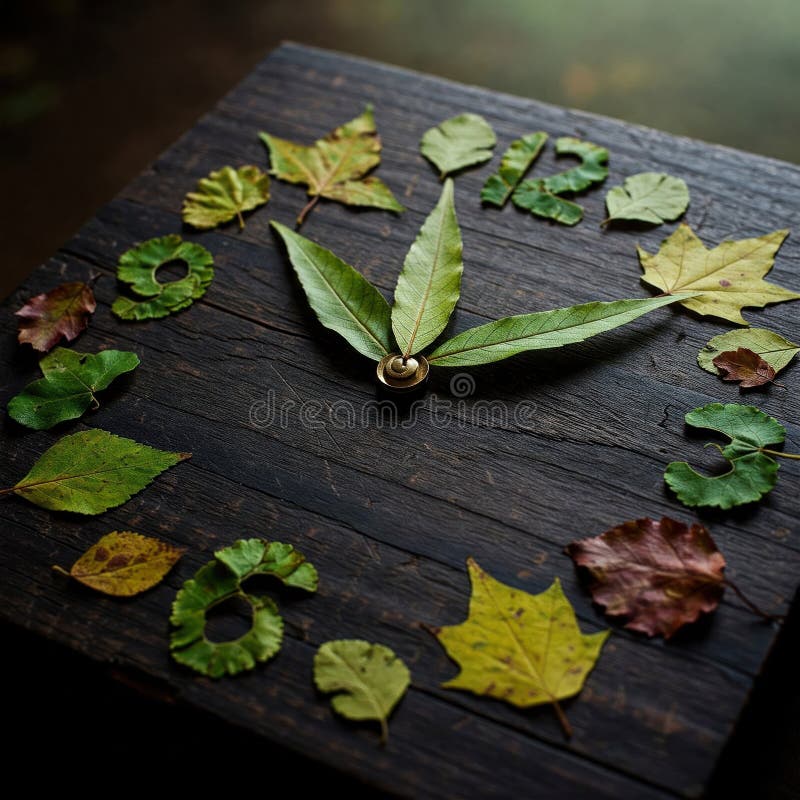 A Clock Made of Leaves on a Wooden Surface. Stock Photo - Image of wood ...