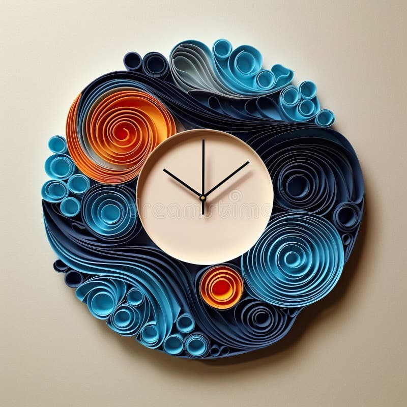 A Clock Made Out of Paper with Blue and Orange Swirls. Generative AI ...