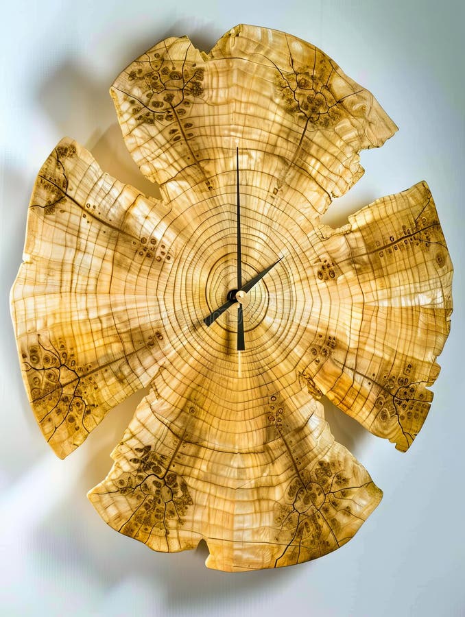 A Clock Made from Wood with a Large Piece of Wood Stock Image - Image ...