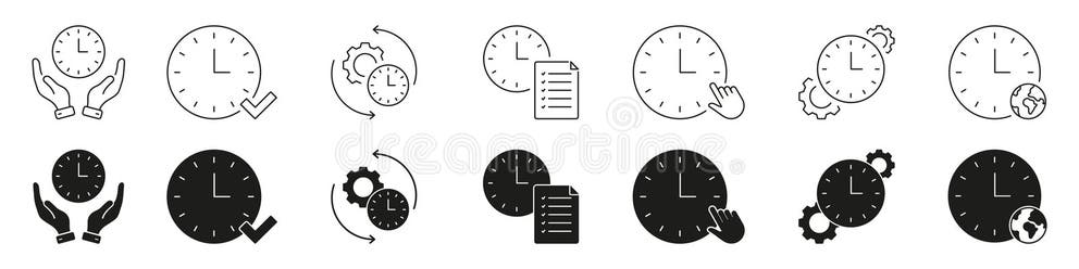 Clock Management and Time Optimization Line and Solid Icon Set. Time Efficiency, Scheduling ...