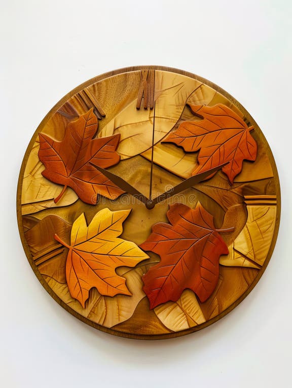 A Clock with Maple Leaves on it Stock Photo - Image of fall, wood ...