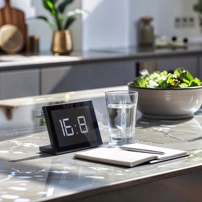 Clock on Marble Table with Notebook, Salad and Glass of Water ...