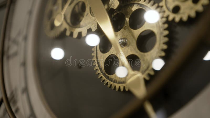 Clock Gears and Cogs in Action. Wall Clock with a Mechanism, Close-up ...