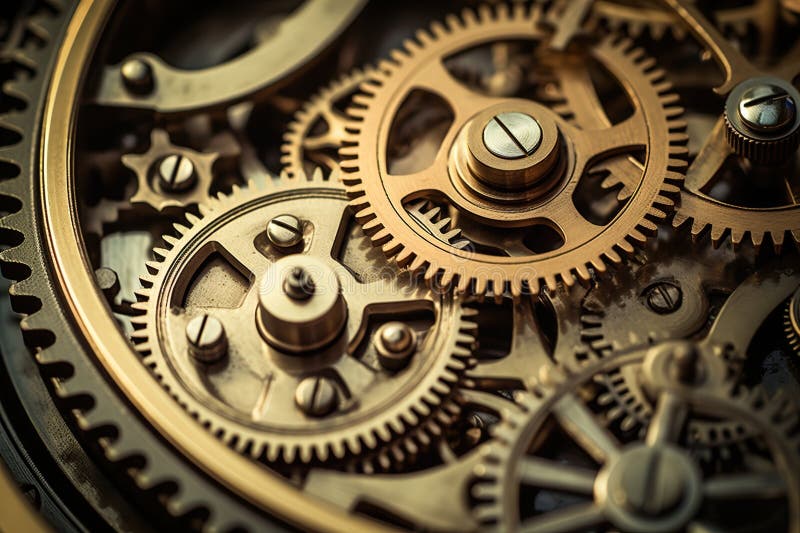 Clock Mechanism with Gears and Cogs. Closeup Macro Shot. Generative Ai ...