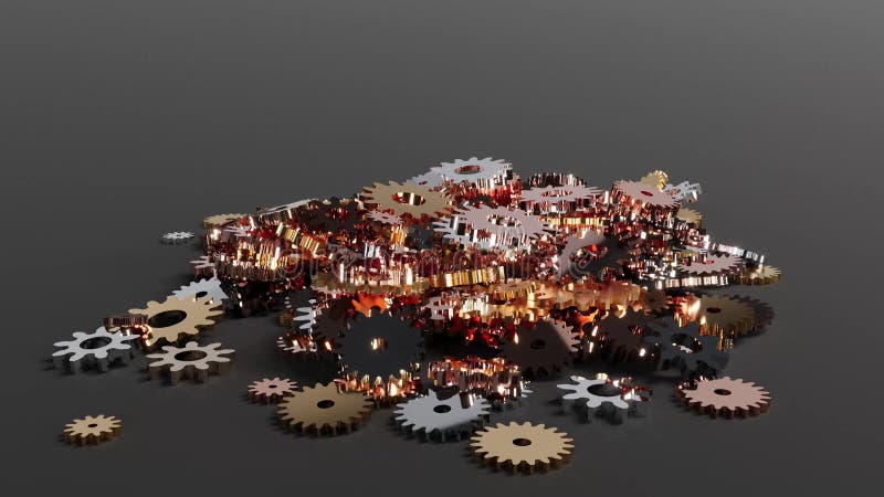 Clock Mechanism Gold Engine Gears in Heap 3d Stock Illustration ...