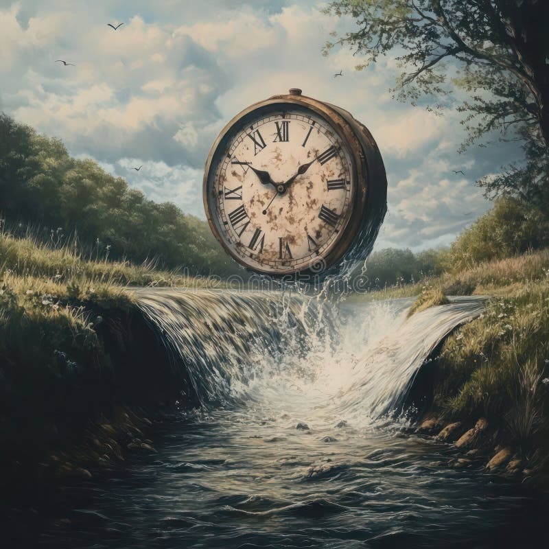 A Clock Melting into a River Where Time Flows Like Water, Pastel ...