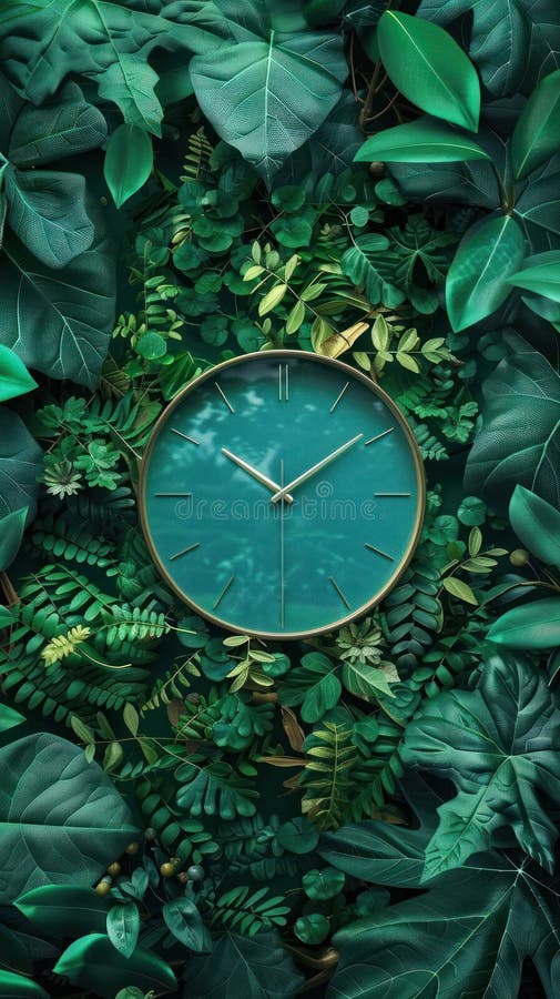 Clock in the Middle of the Green Leave Conceptual Image, Minimalist ...