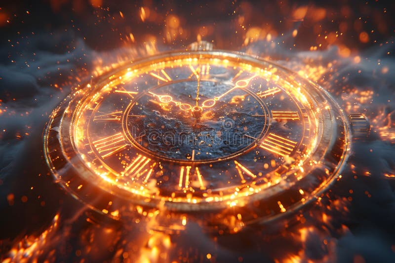 Clock Engulfed in Flames, Symbolizing Transience of Time Stock Photo ...