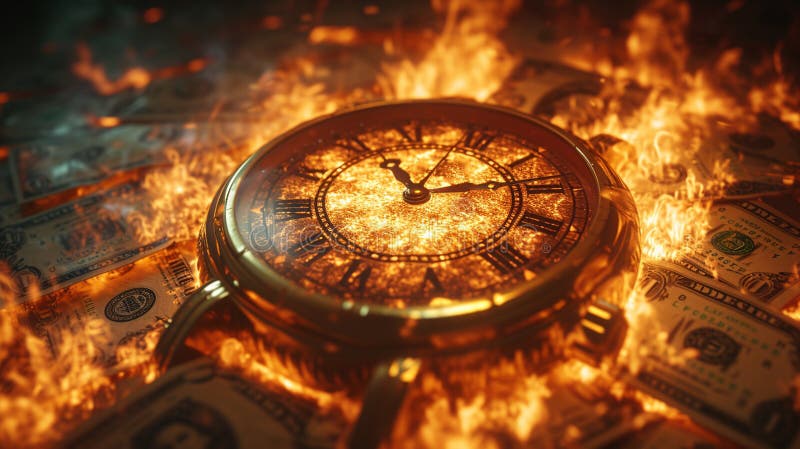Clock and money on fire stock illustration. Illustration of symbol ...