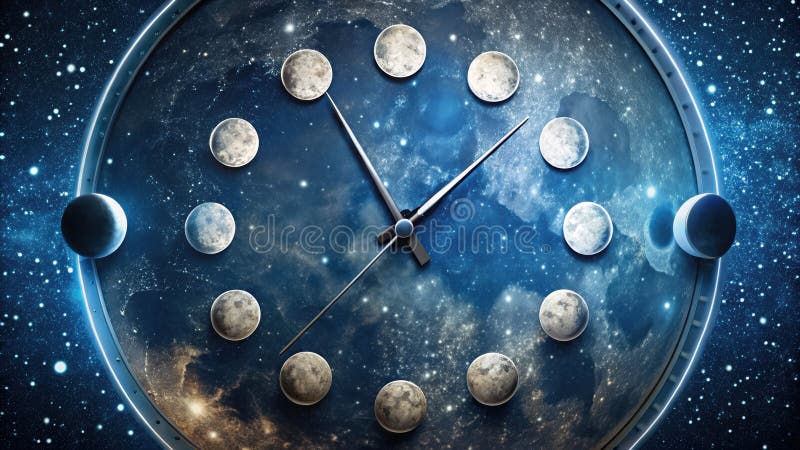Clock with Moon Phases and Stars, Symbolizing Time and Space Stock ...