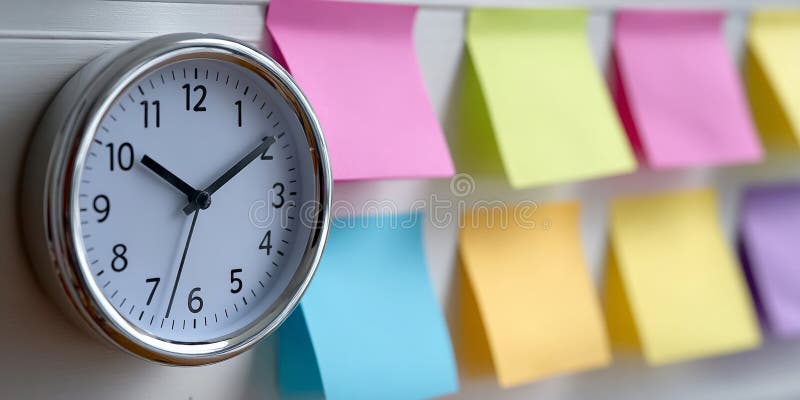 A Clock Mounted on a Wall with Sticky Notes Attached To it Stock Image ...