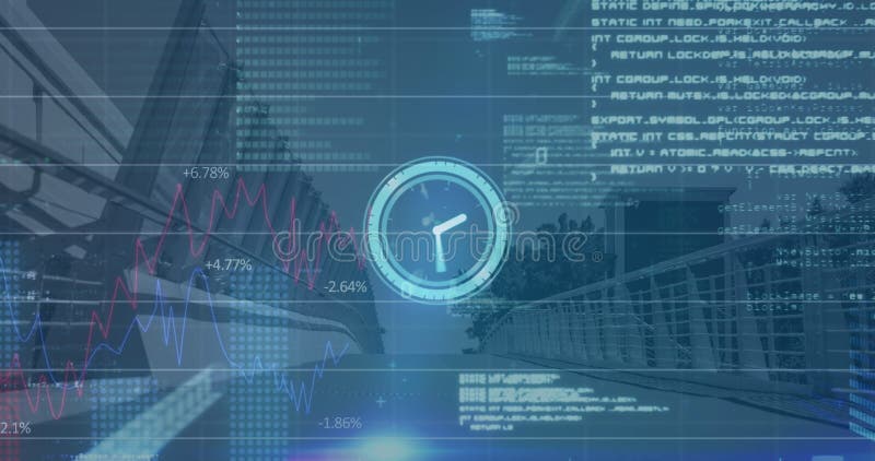 Clock Neon Digital Clock Ticking and Data Processing Against City ...