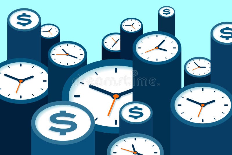 Clock and Dollar Icons in Flat Style, Timers and Money Sign on Blue ...