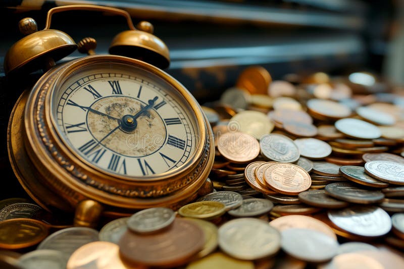 A Clock Next To a Pile of Coins and Notes, Emphasizing the Concept of ...