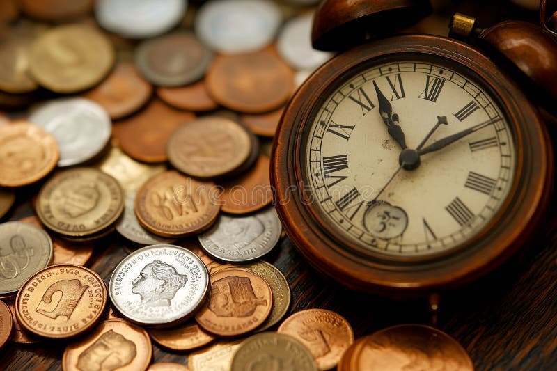 A Clock Next To a Pile of Coins and Notes, Emphasizing the Concept of ...
