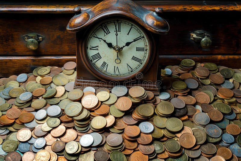 A Clock Next To a Pile of Coins and Notes, Emphasizing the Concept of ...