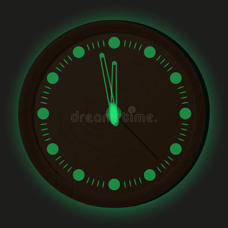 Round Wooden Wall Clock with Green Glow in the Dark. Vector ...