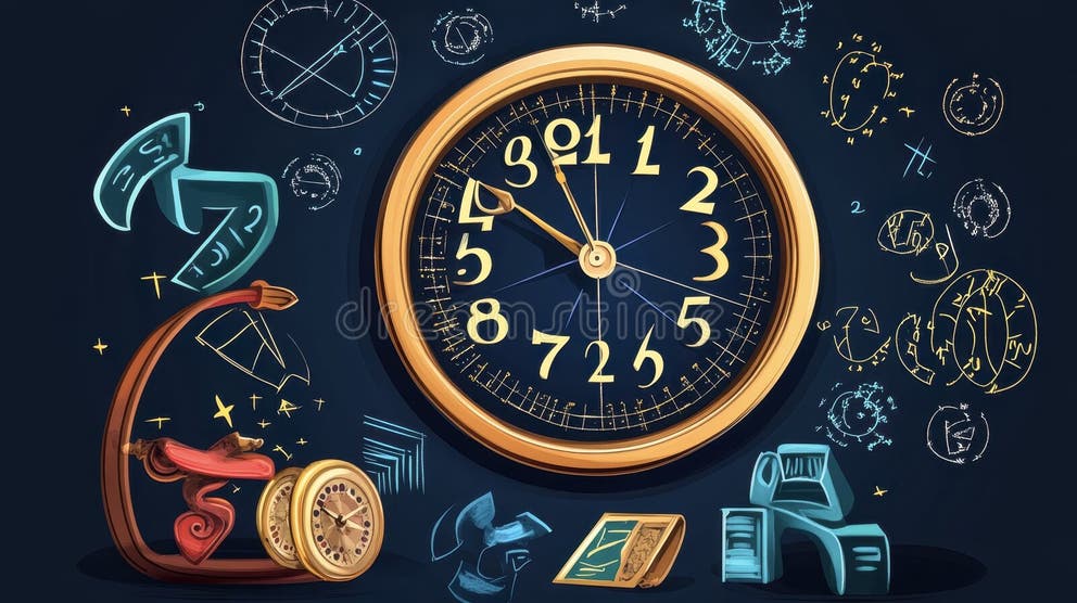 A Clock with Numbers on it is Surrounded by Other Objects, Including a ...