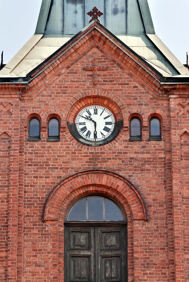 Clock on the Old Brick Church Stock Image - Image of ancient ...