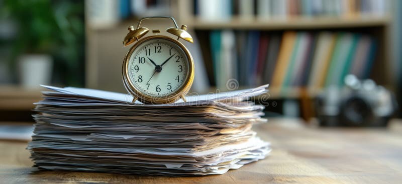 Clock on Pile of Papers Symbolizing Time Management and Organization in ...