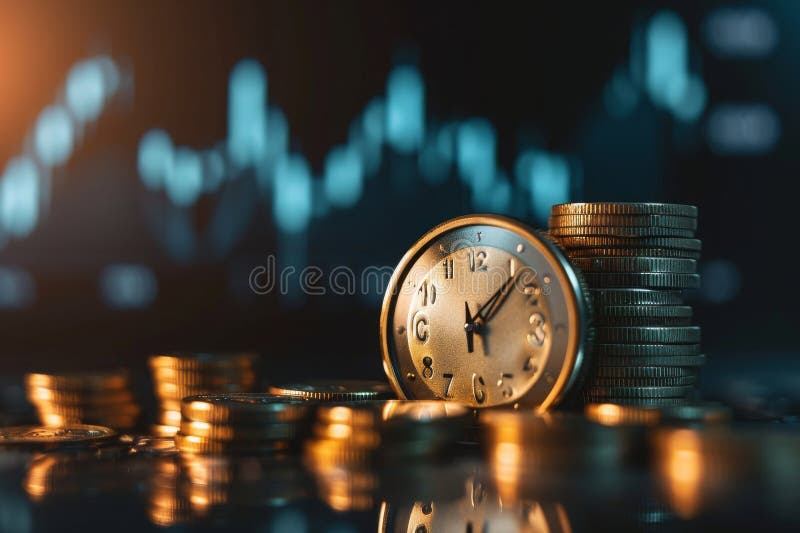 A Clock Placed on a Stack of Shiny Coins, Creating an Intriguing Juxtaposition between Time and ...