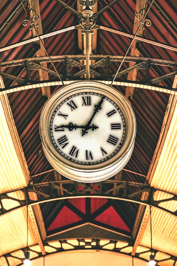 Clock at the Railway Station Bottom View Stock Image - Image of exit ...